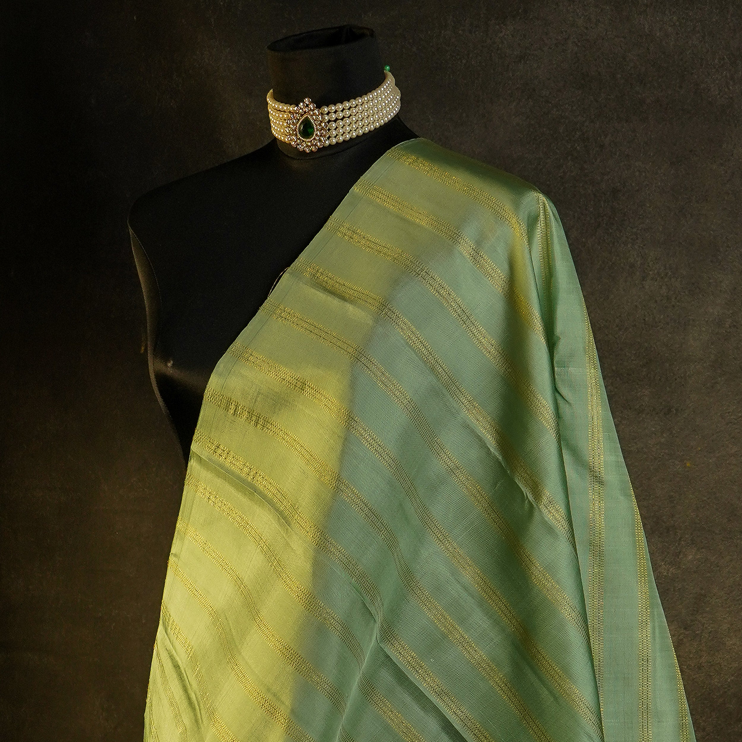 Elaichi Green Kanchi Silk Fabric with Stripes Design