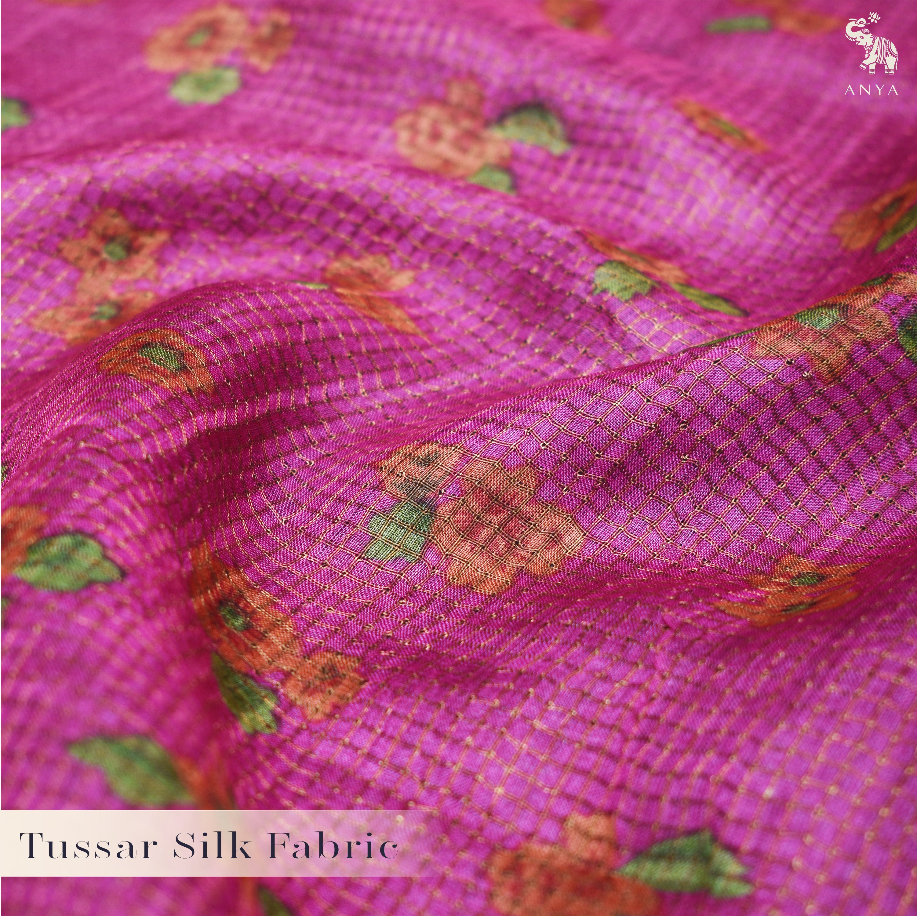 Rani Pink Tussar Silk Fabric with Floral Print and Zari Checks Design